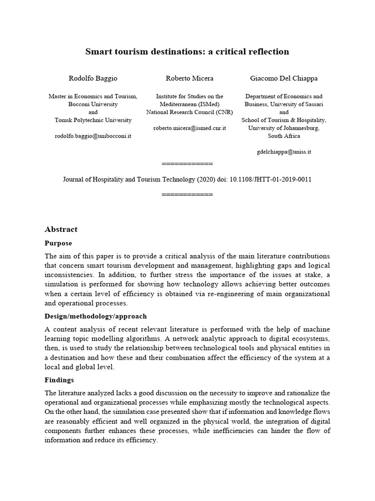 Smart Tourism Destination A Critical Reflection | PDF | Tourism ...