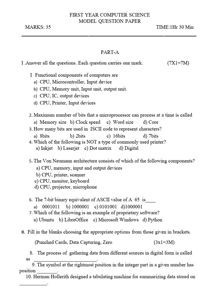 1PU Model Paper For Quarterly | PDF | Central Processing Unit | Input/Output