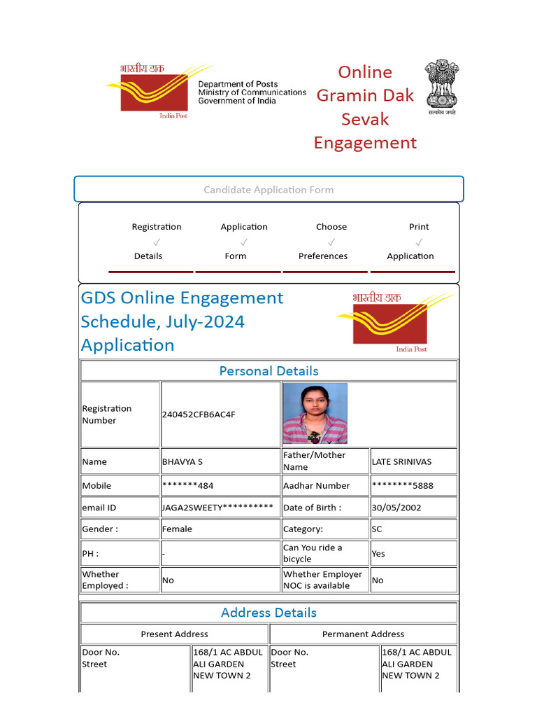 Post Office 2024 Applied Bhavya S | PDF