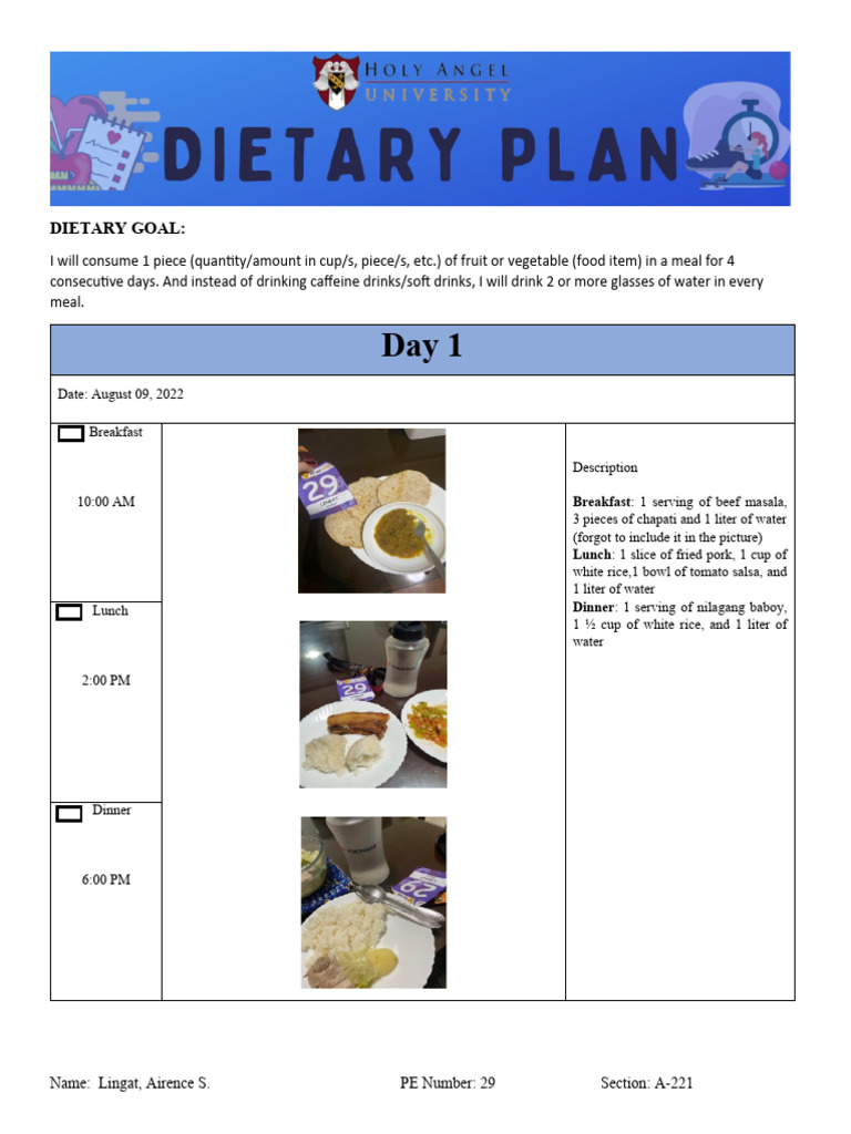 7PE3 - Dietary Plan (Lingat, Airence S.) | PDF | Lunch | Meal