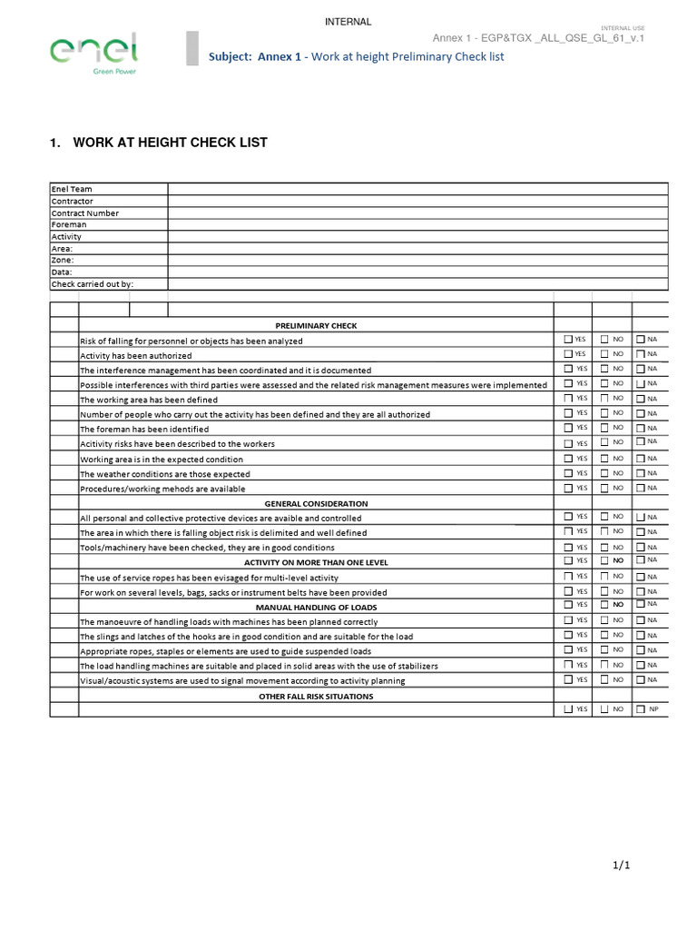 GL No. 61 - Annex 1 - Work at Height Checklist v1 | PDF