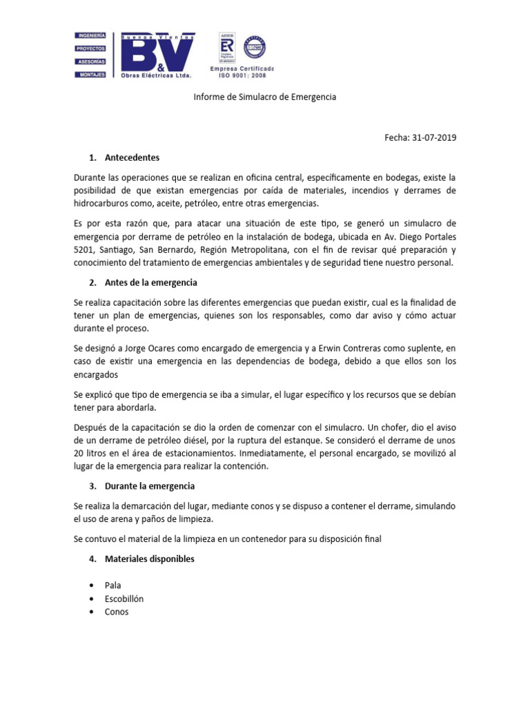 Informe de Simulacro de Emergencia | PDF