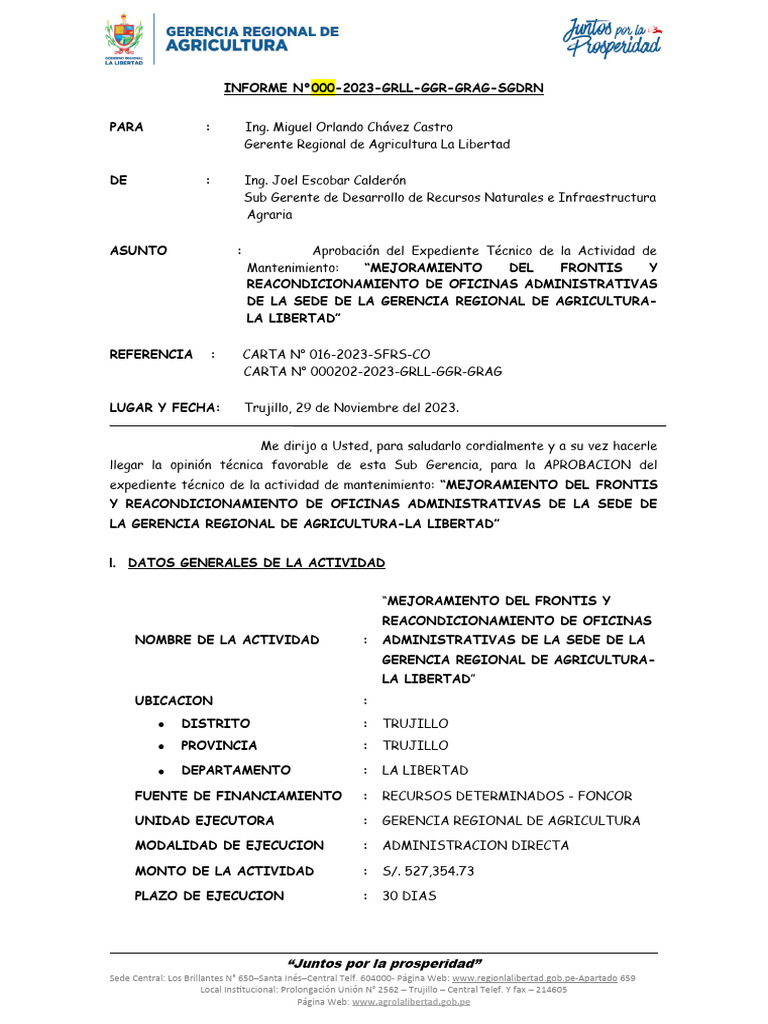 Informe - Aprobacion de Exp Tec. Mantenimiento | PDF | Presupuesto
