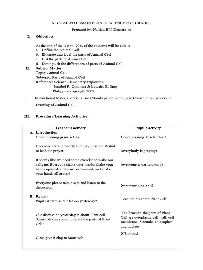 A DETAILED LESSON PLAN IN SCIENCE FOR GRADE 4 Najillah | PDF | Cell ...