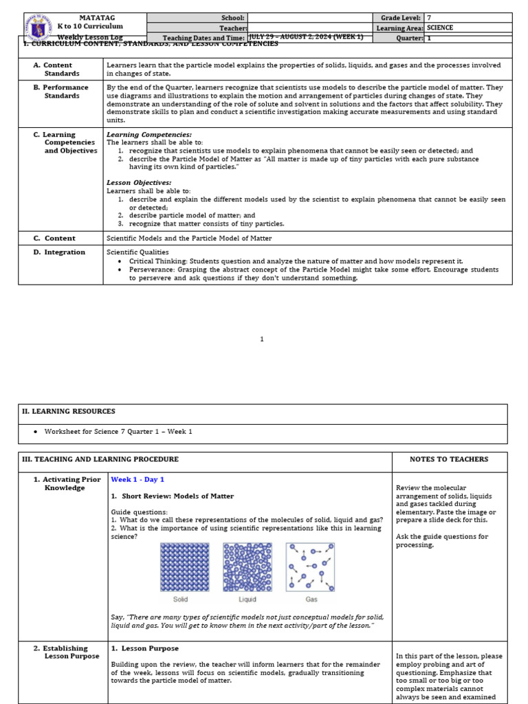 DLL Matatag - Science 7 Q1 W1 | PDF | Conceptual Model | Atoms