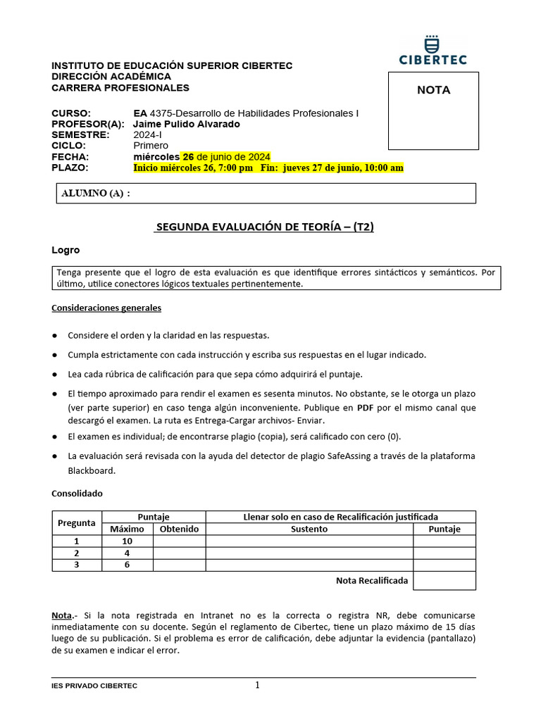 4375 Desarrollo Habilidades Profesionales I 00 Evaluación Teoría 2 ...