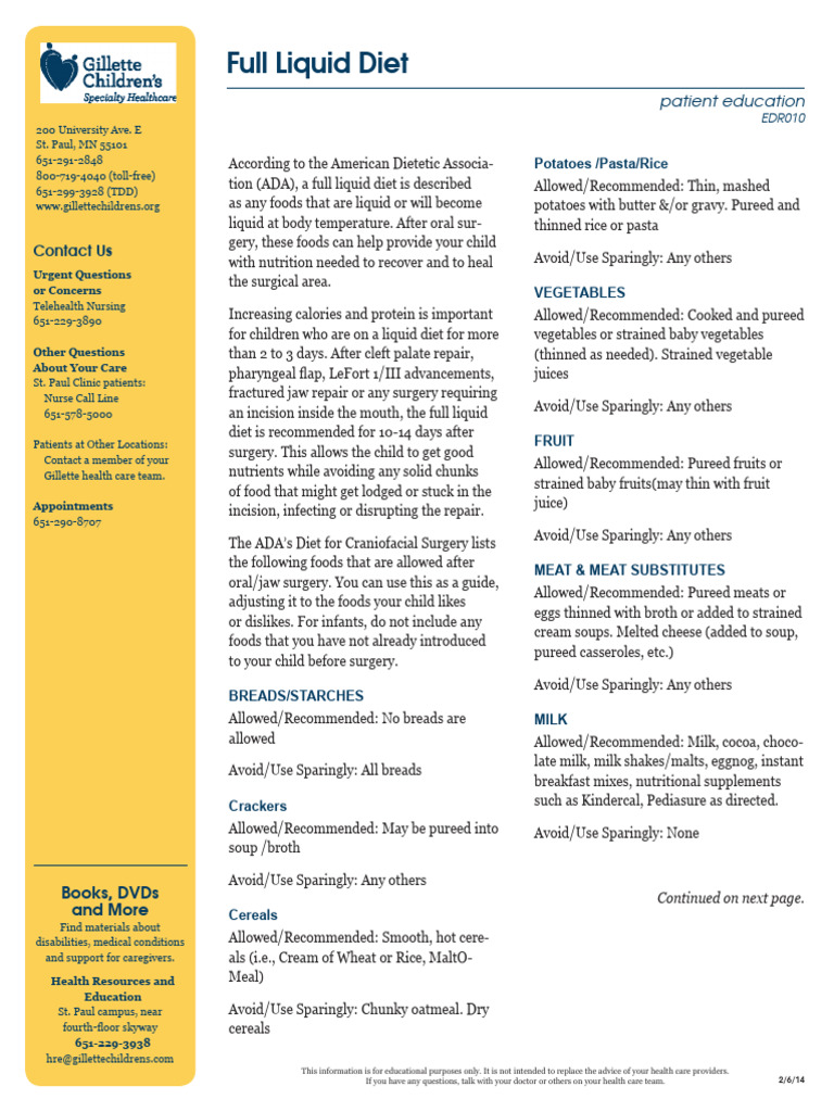Full Liquid Diet Guidelines for Recovery | PDF | Cream | Soup