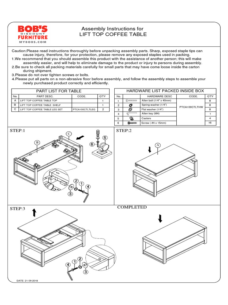 Lift Top Coffee Table Assembly Guide | PDF