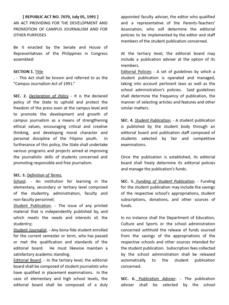 REPUBLIC ACT NO. 7079 July 05 1991 | PDF | Journalism | United States ...
