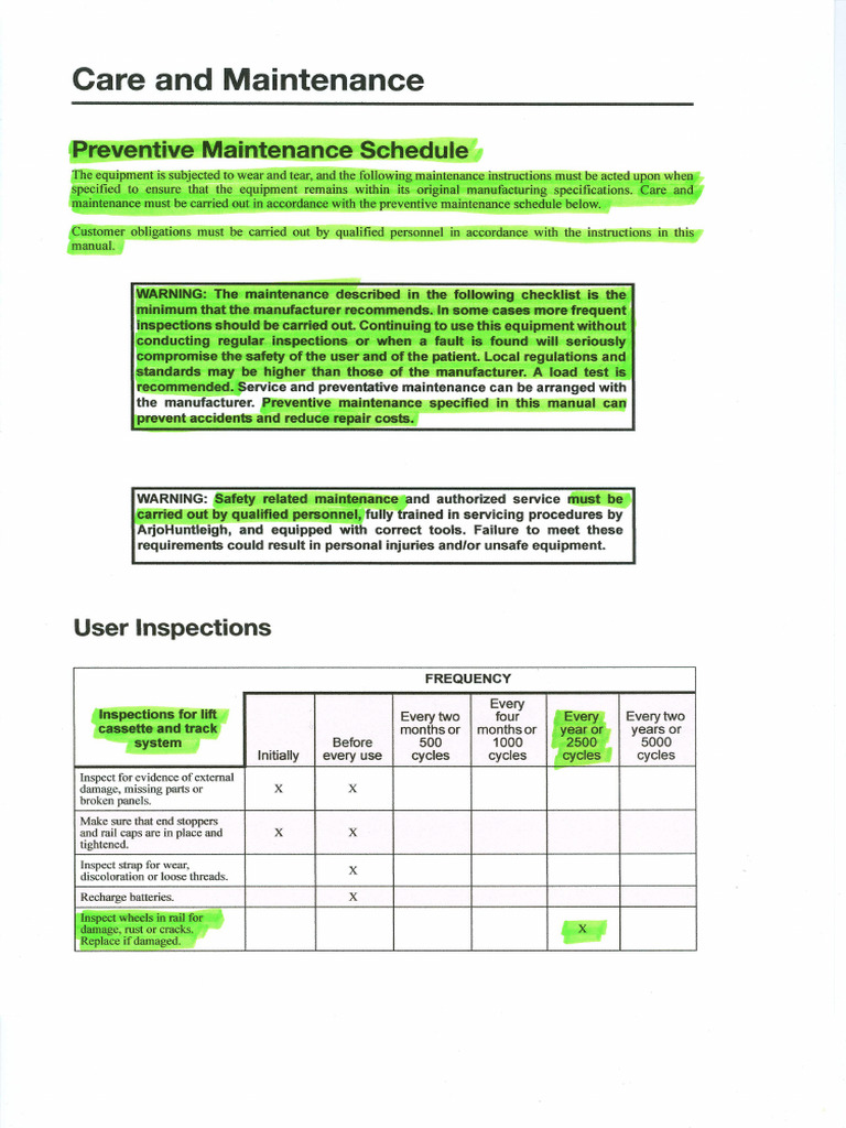 Arjo - Specified Inspection and Service Intervals | PDF