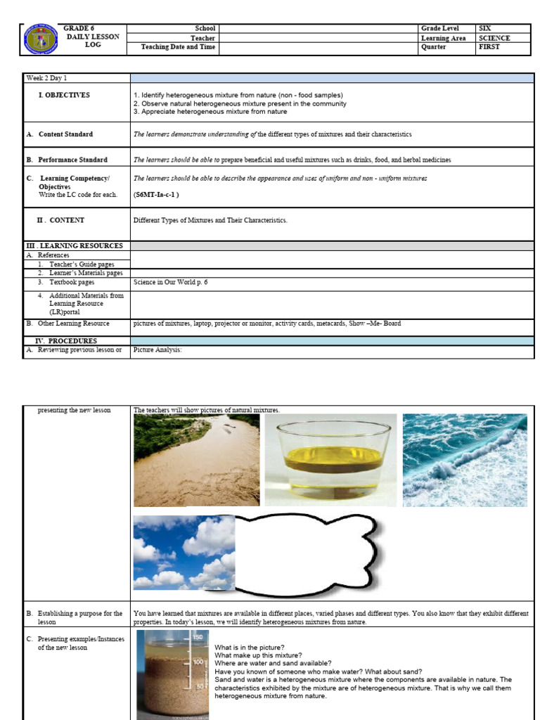 7 DLP Science 6 WK2D1 | PDF | Mixture | Learning