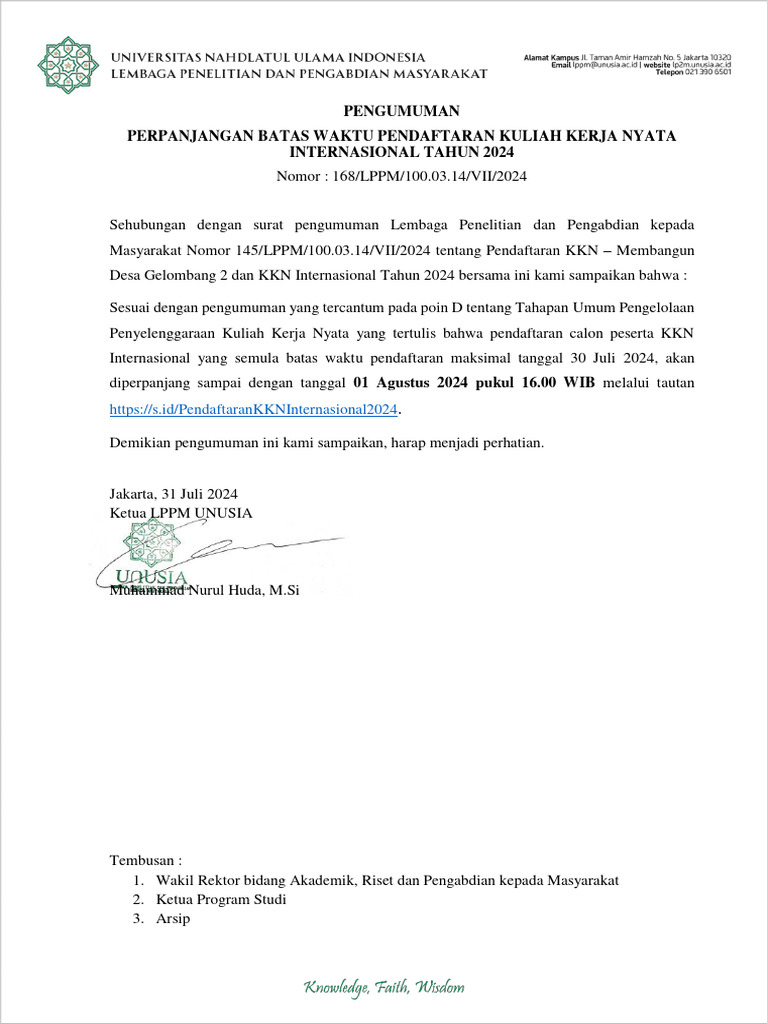 Surat LPPM 168 2024 - Perpanjangan Pendaftaran KKN Internasional | PDF