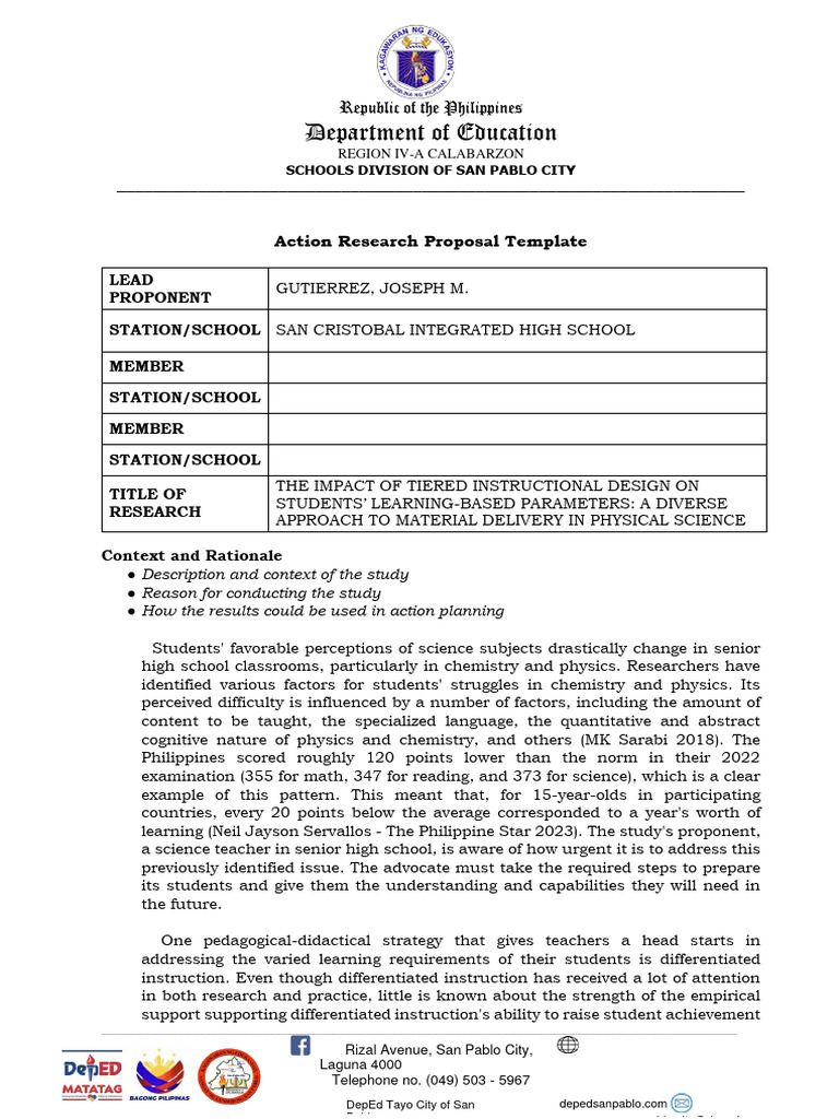 Gutierrez - San Pablo City - Teaching and Learning - Action Research Proposal Template | PDF ...