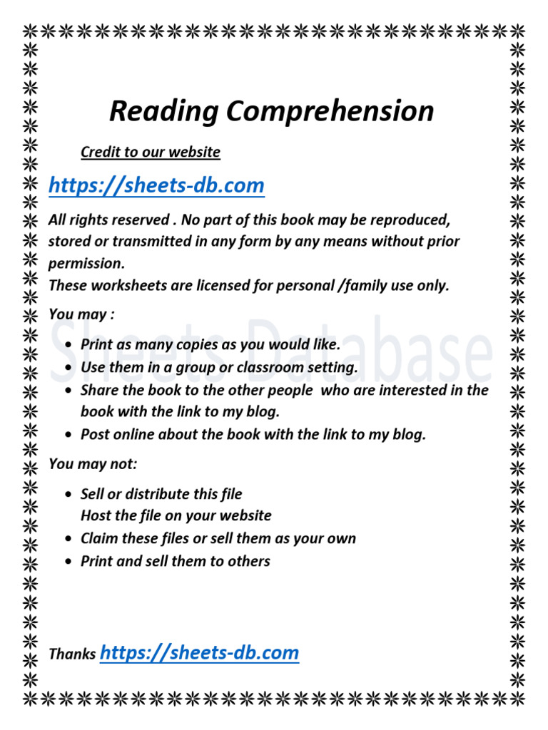 Reading Comprerhension Sheets Database 1 | PDF