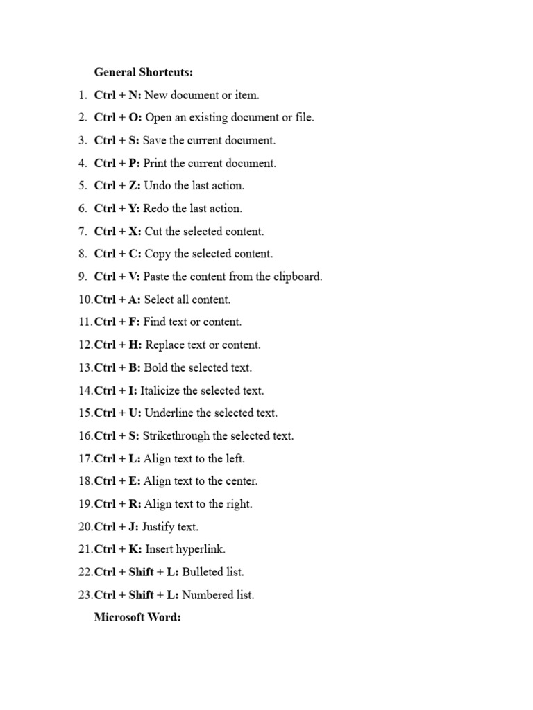 General Shortcuts-Word | PDF | Paragraph | Microsoft Word