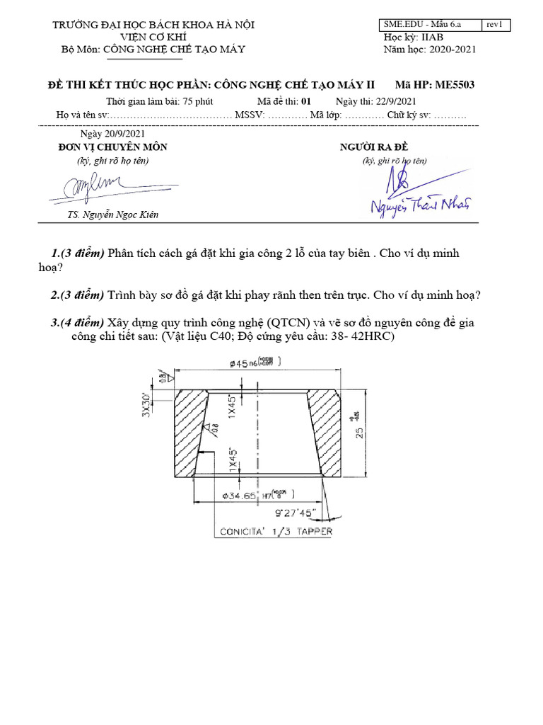 De Thi CNCTM II ME5503 - 124446 - T.Nhân V1 | PDF