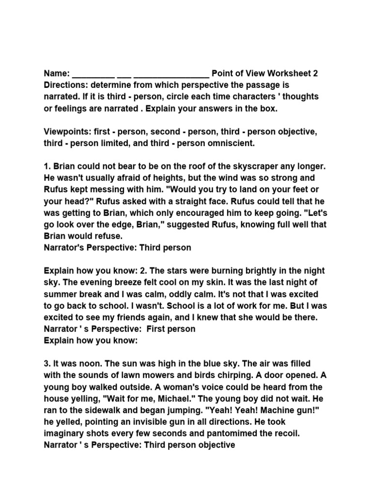 Point of View Analysis Worksheet | PDF | Narration