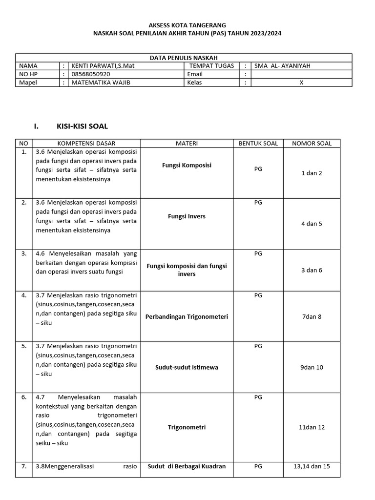Matematika Wajib X PAT 2324 Kisi K 13 | PDF