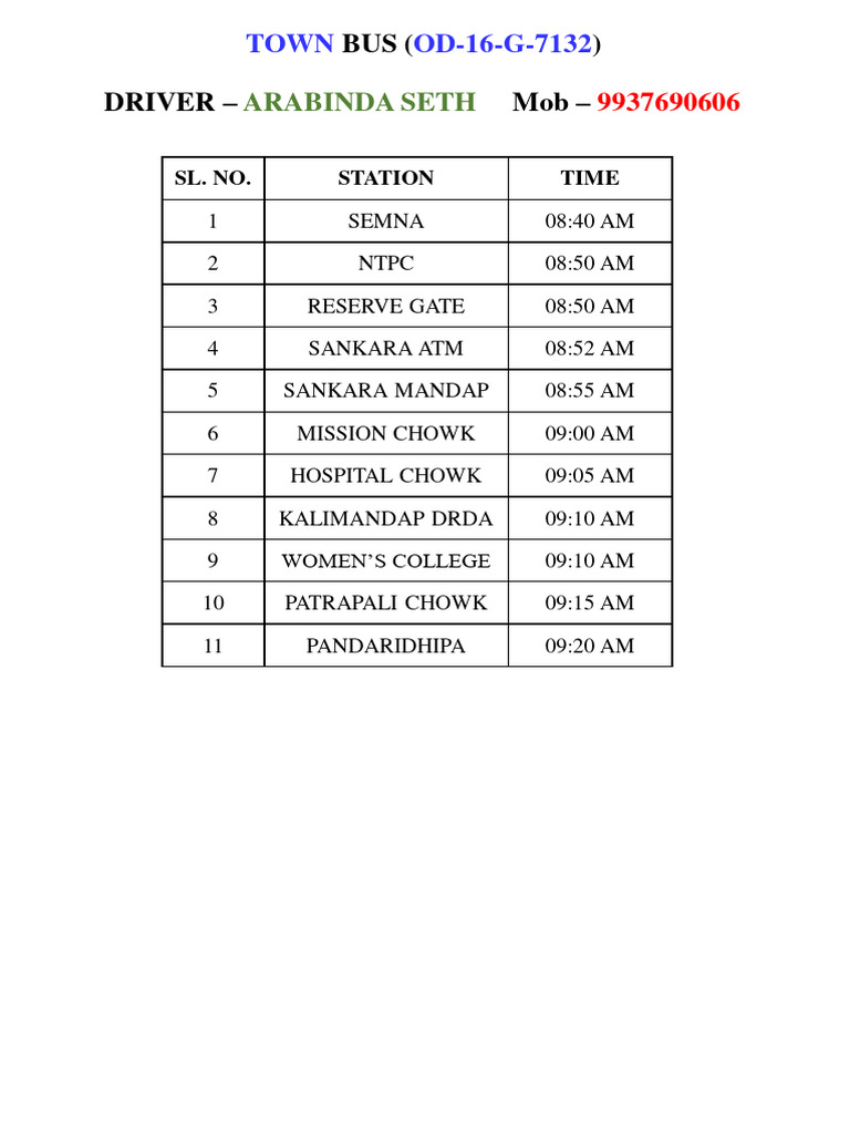 Bus Route Chart | PDF