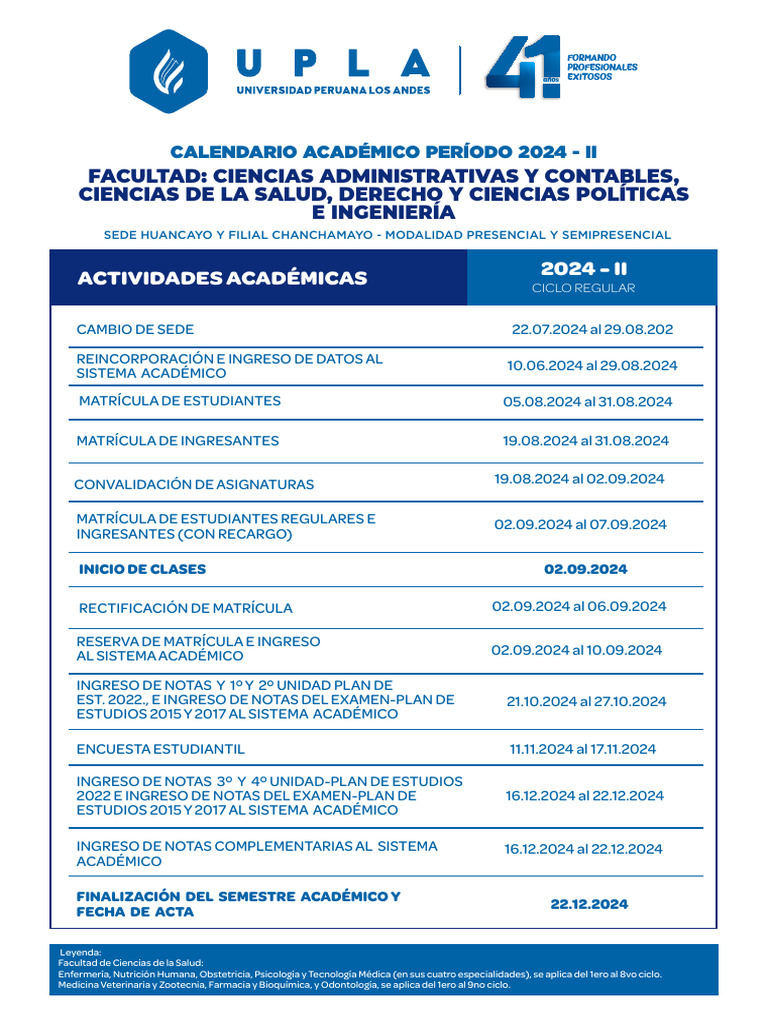 Calendario Academico 2024 Ii Upla | PDF | Medicina | Programas sociales