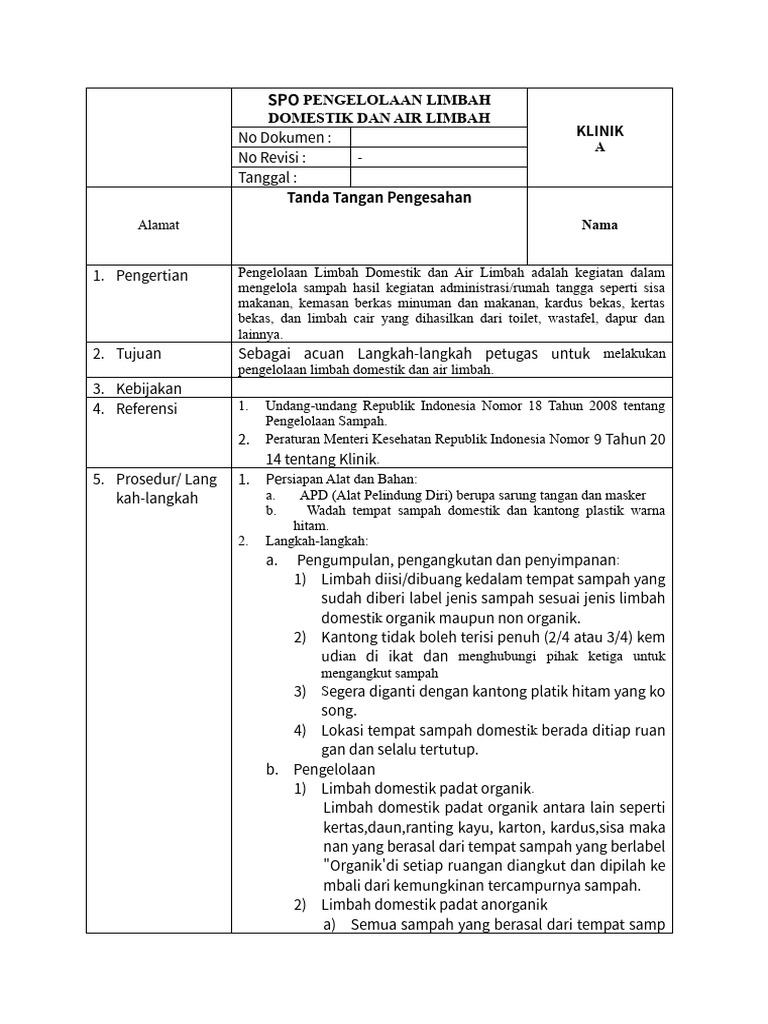 SPO Pengelolaan Sampah Domestik Serta Pengelolaan Air Limbah | PDF