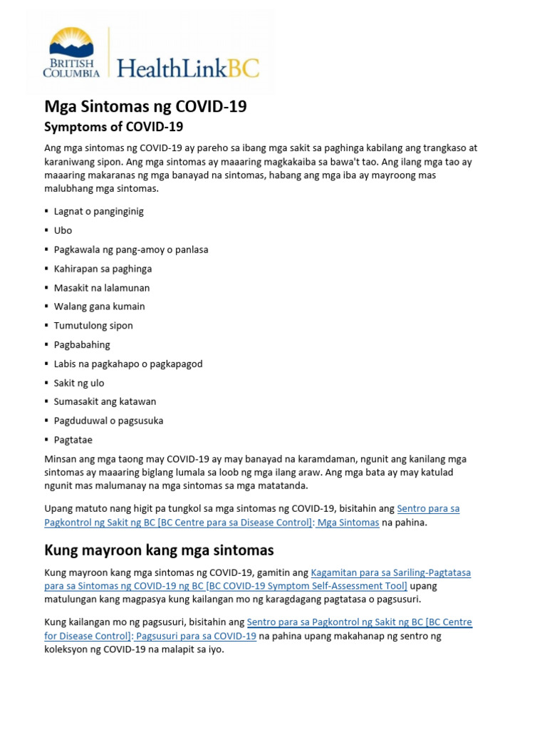 Symptoms of Covid-Tagalog | PDF