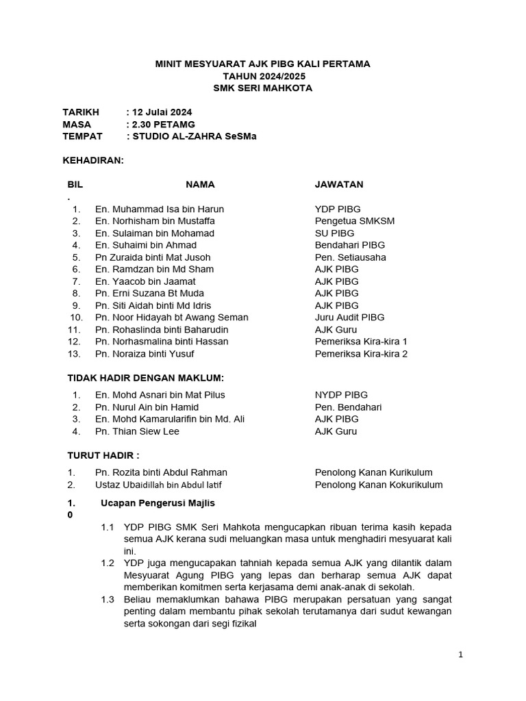 Minit Mesyuarat AJK 1 | PDF