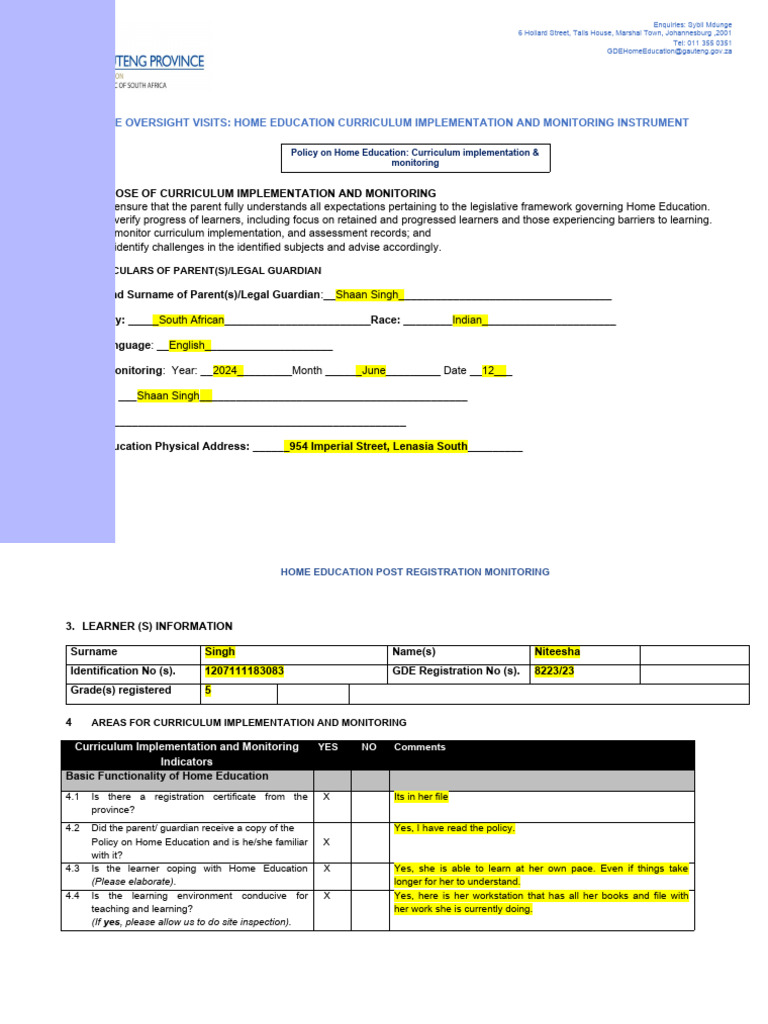 2024 June Home Education Post Registration Monitoring Tool - Example ...
