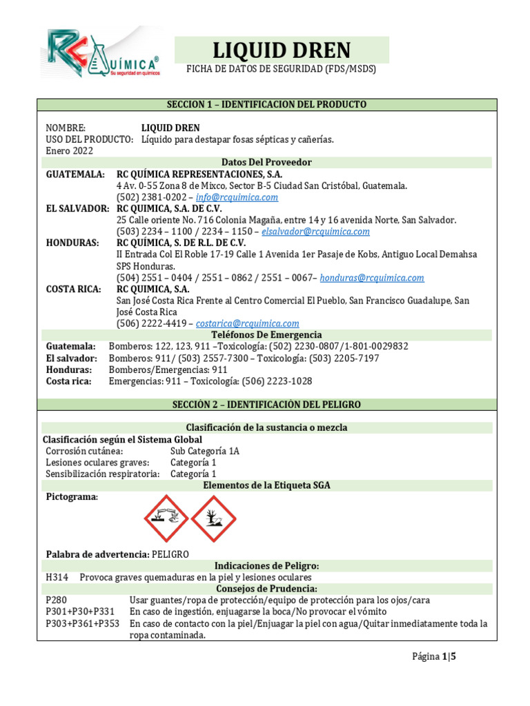 Liquid Dren-Msds-Sga Ficha de Seguridad | PDF | Agua | Quemar