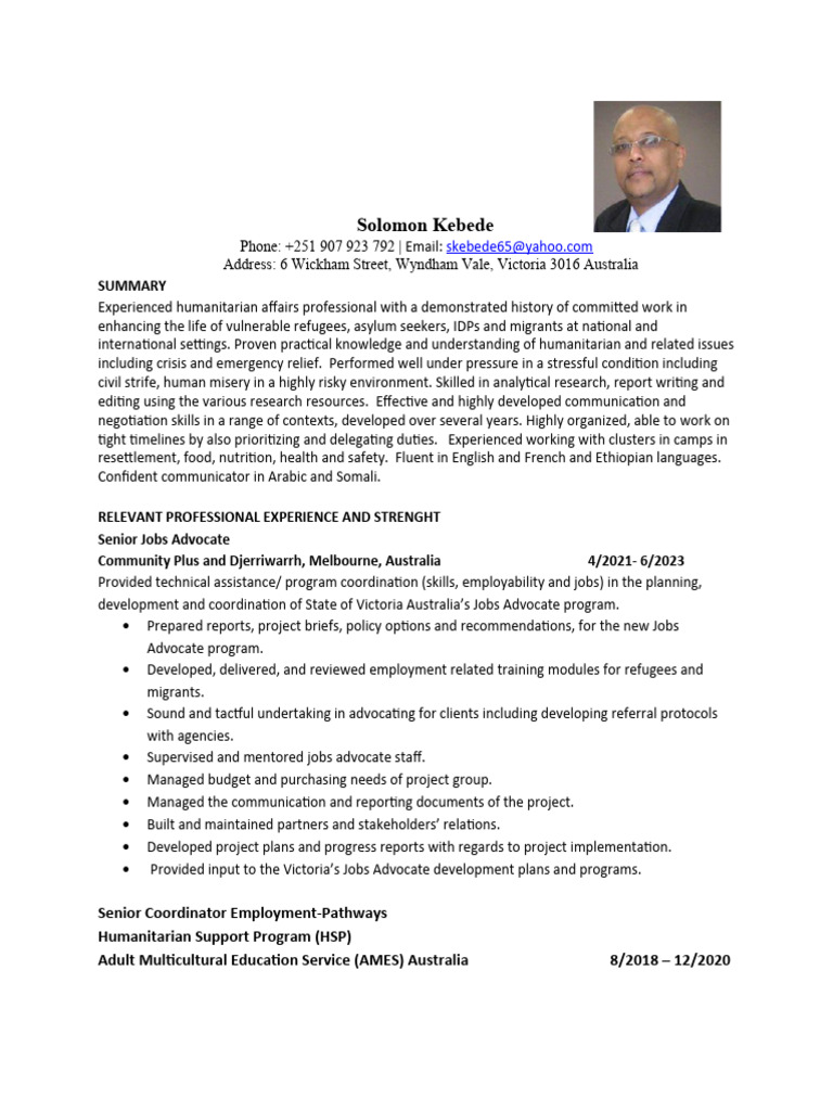 CV-Solomon Kebede - Humanitarian Affairs Officer OCHA 9-8-24 | PDF | Refugee | Asylum Seeker