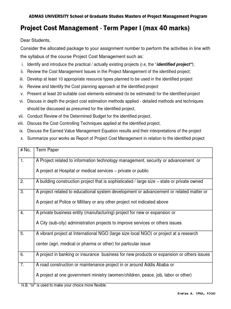 Term Paper Assignments I and II With Instructions Project Cost ...