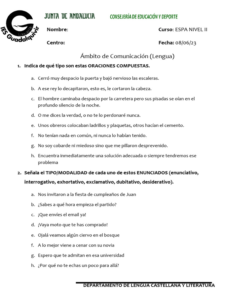 Prueba Escrita - Espa Nivel II Módulo Vi - Lengua (2022 - 2023) | PDF