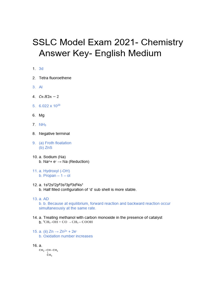 SSLC 2021 Chemistry Exam Answer Key | PDF | Chemical Reactions | Zinc