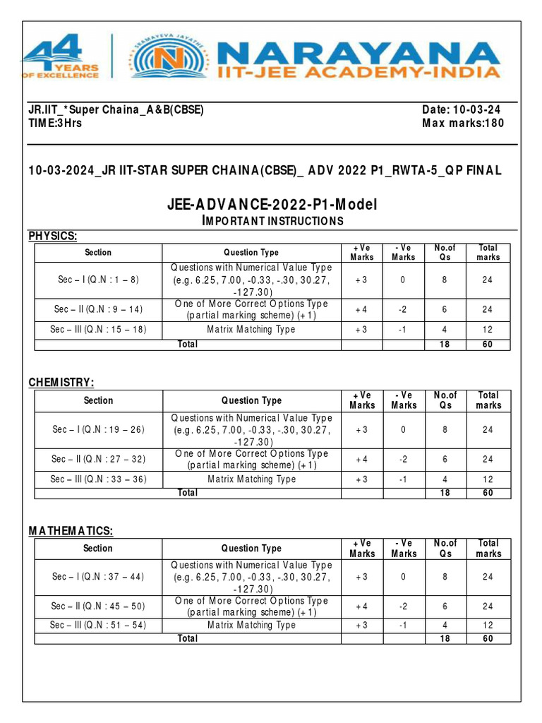 10-03-2024 - JR Iit-Star Super Chaina (Cbse) - Adv 2022 P1 - Rwta-5 - QP Final | PDF | Liquids ...