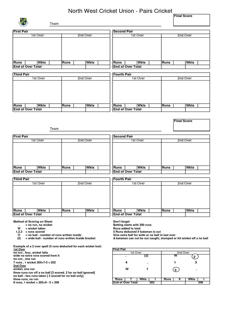 Pairs Cricket Score Sheet Guide | PDF | Summer Sports | Test Cricket