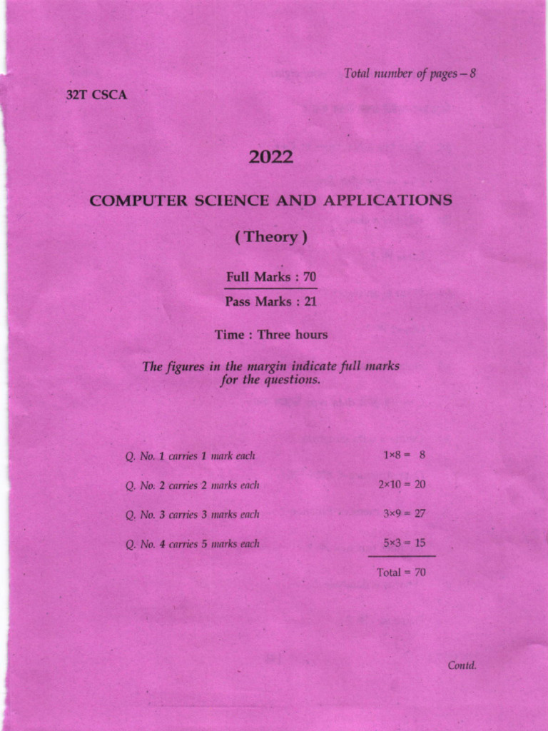 CSCA Question Paper For H S Final Examination 2022 | PDF