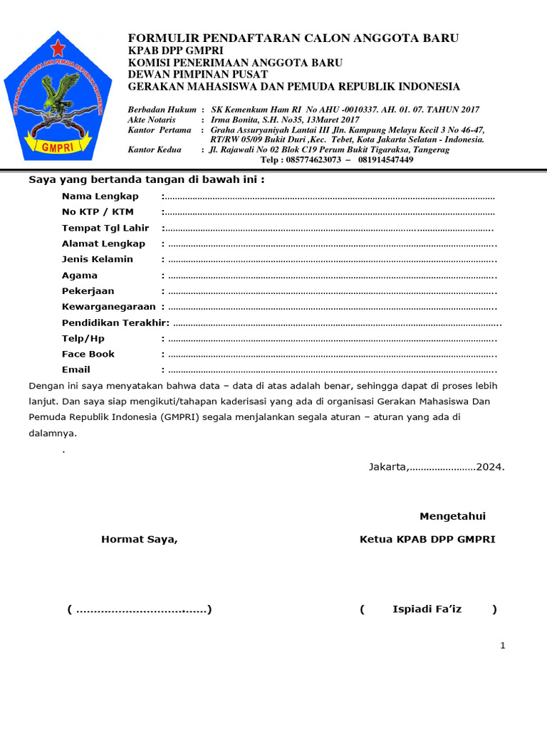 Formulir Pendaftaran Anggota Baru GMPRI | PDF