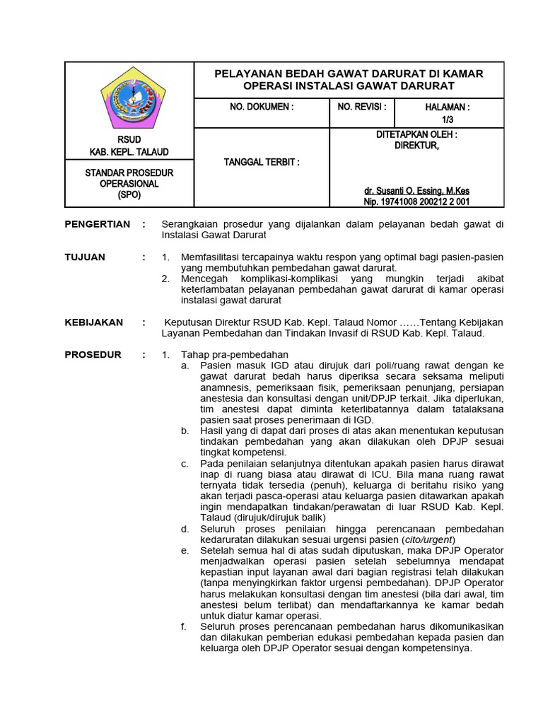 Prosedur Bedah Gawat Darurat RSUD Talaud | PDF