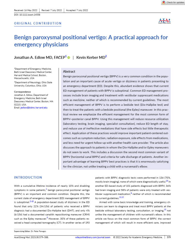 Academic Emergency Medicine - 2022 - Edlow - Benign Paroxysmal ...