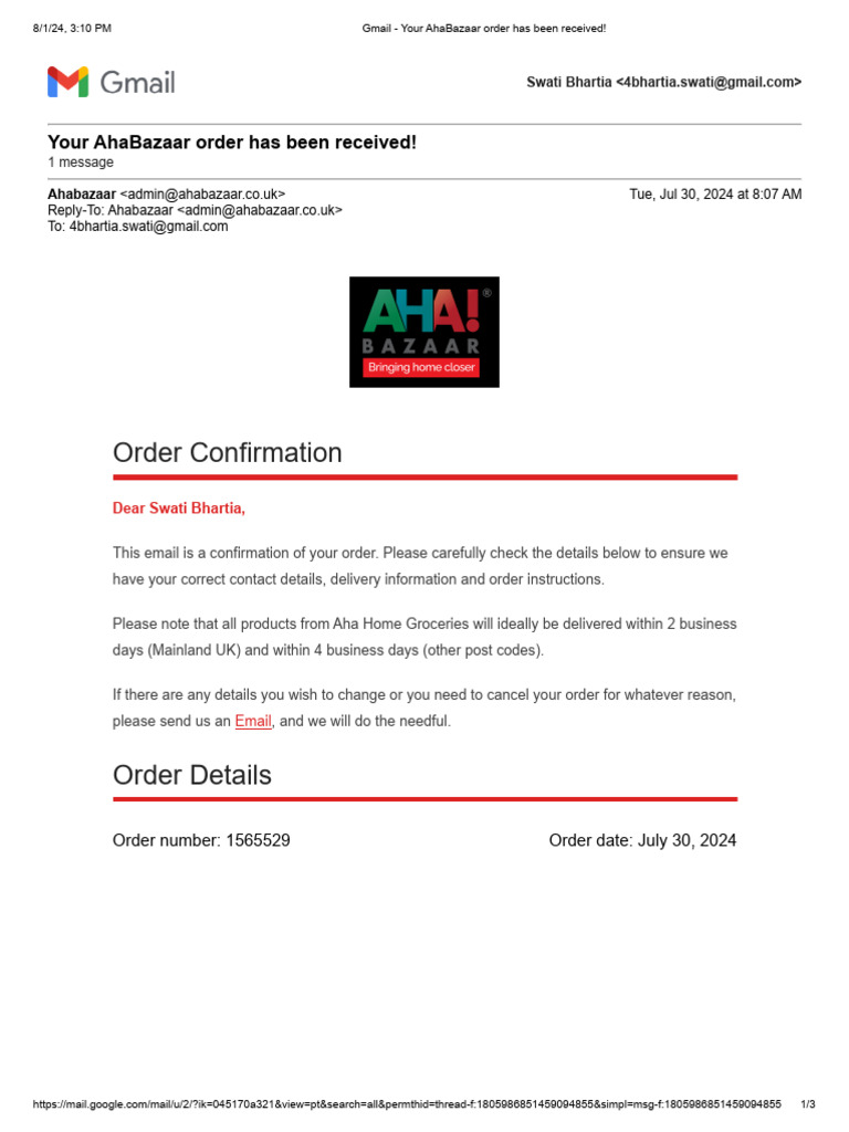 Gmail - Your AhaBazaar Order Has Been Received! | PDF | Payments | Cereals