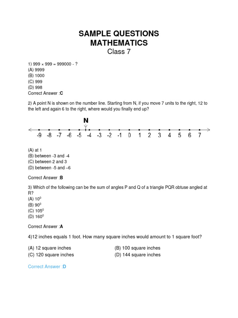 Class 7 Mathematics Sample Questions | PDF | Arithmetic | Elementary ...