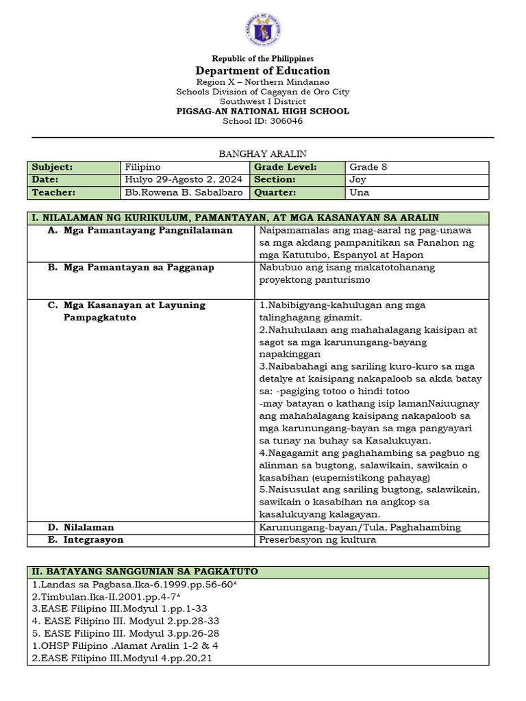 Unang Linggo Fil8 | PDF