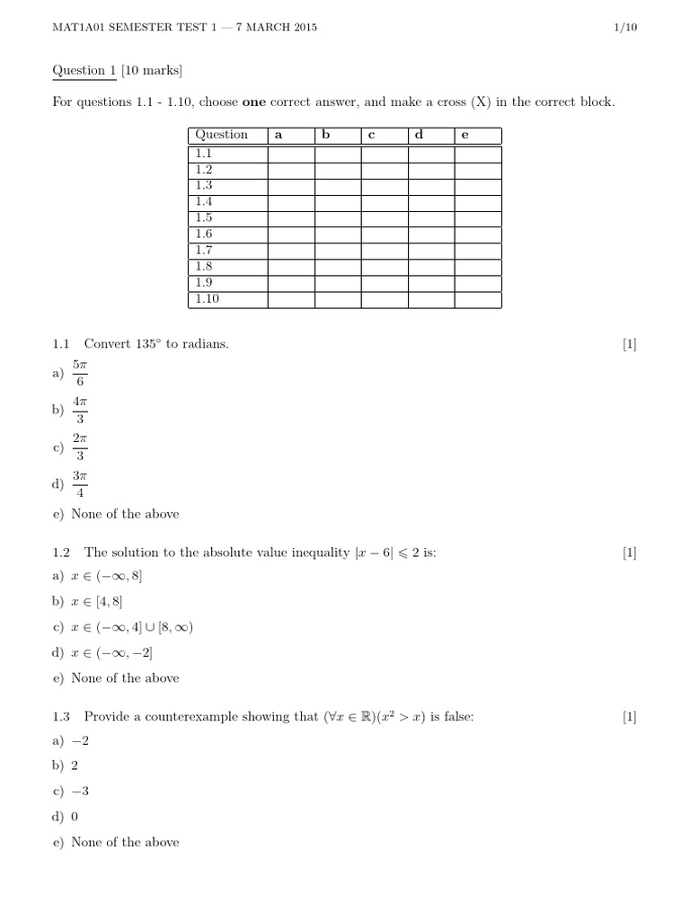 MAT01A1 Semester Test 1 - 2015 | PDF | Mathematics | Logic