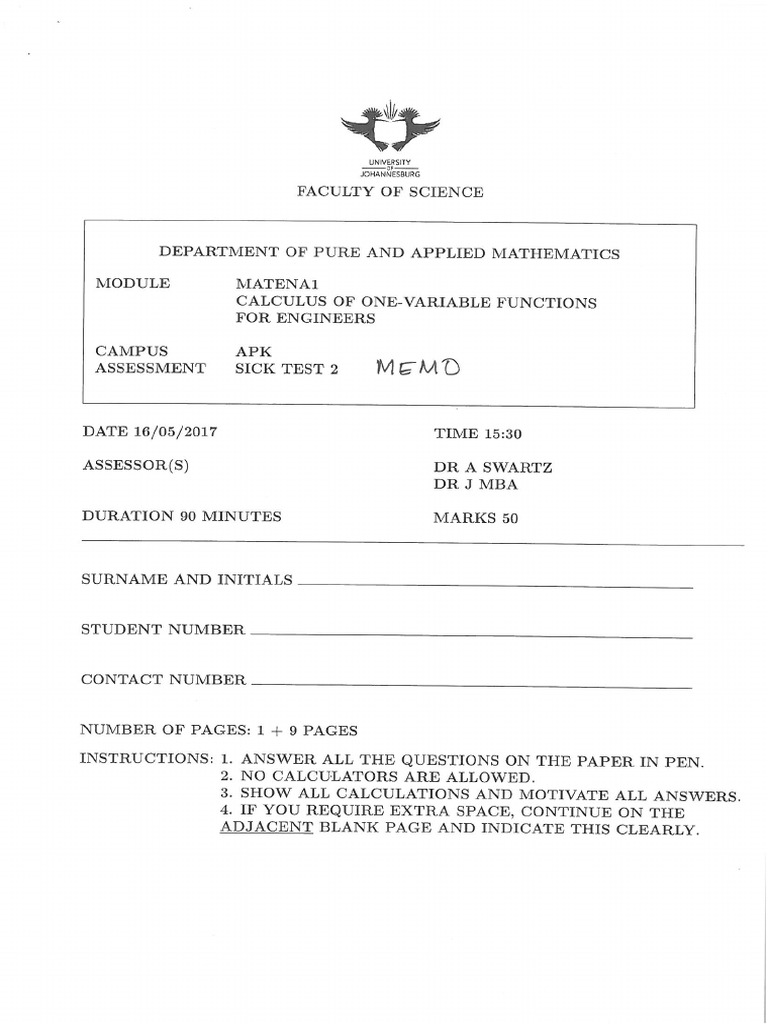 MATENA1 Sick Test 2 Memo - 2017 | PDF