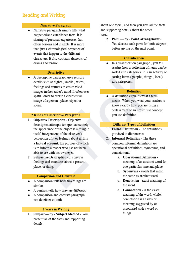 Reading and Writing Reviewer | PDF | Definition | Experience