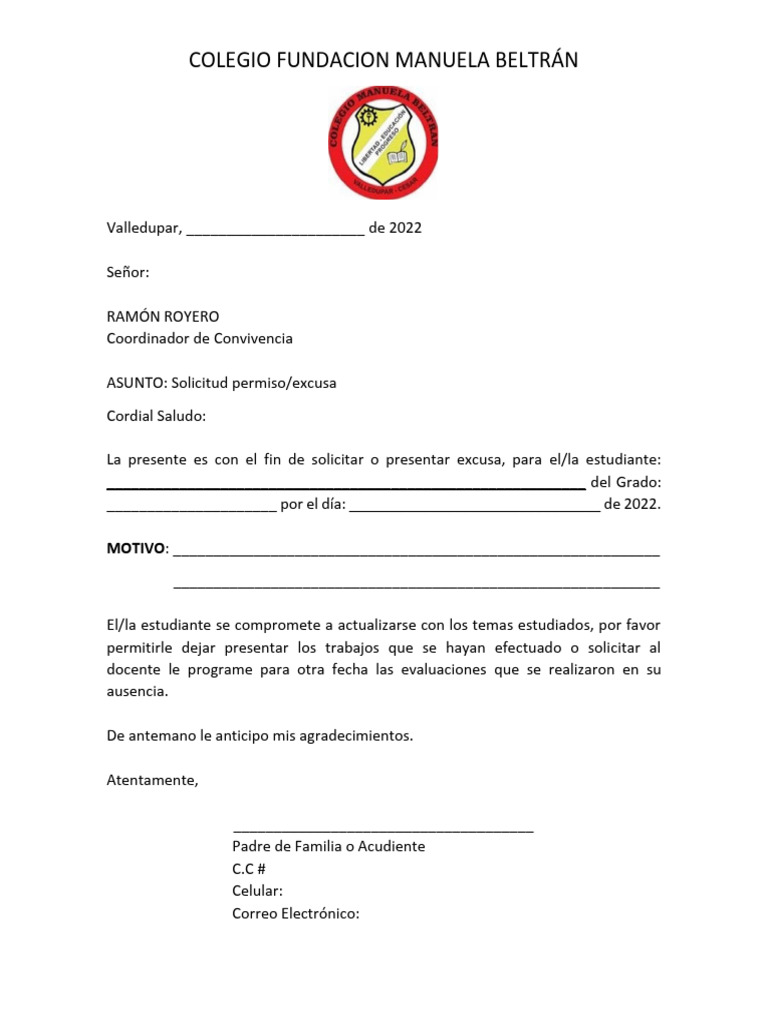 Carta Permiso o Excusa Colegio Manuela Beltran 2022 | PDF