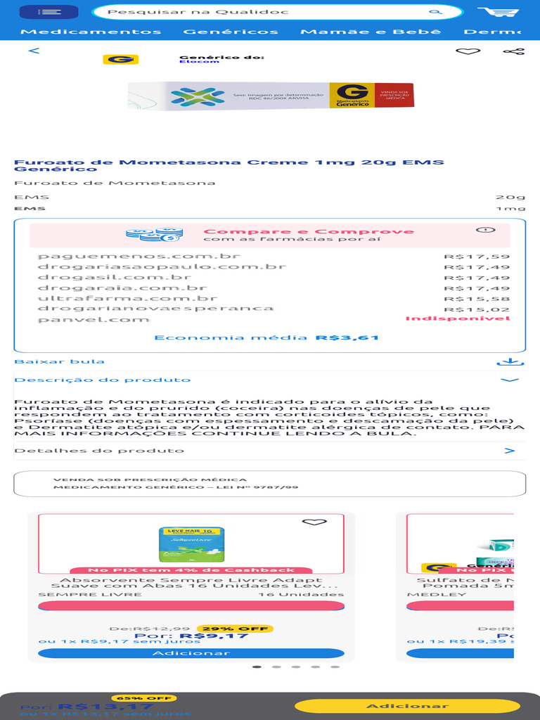 Furoato de Mometasona Creme 1mg 20g EMS Genérico | PDF