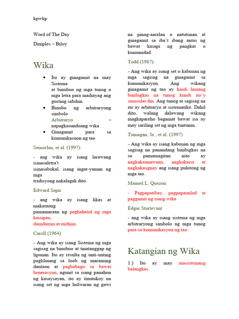 1ST Sem KPWKP Lesson 1 - Wika | PDF