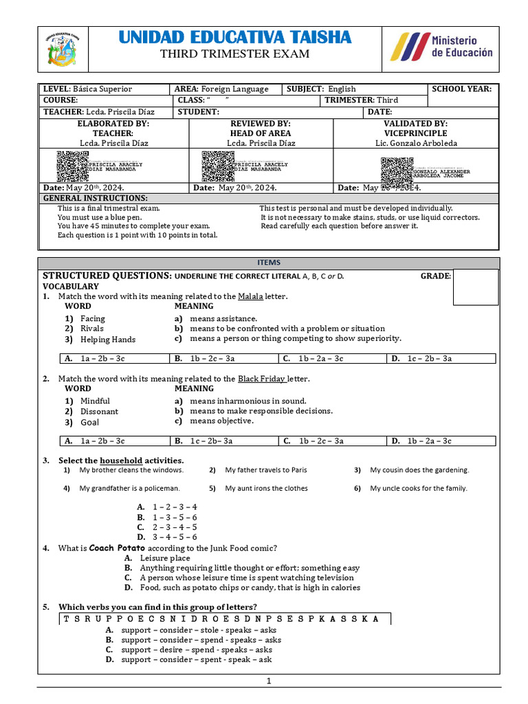Examen 3T INGLÈS 10MO EGB A-B - Signed-Signed-Signed | PDF | Linguistics | Grammar