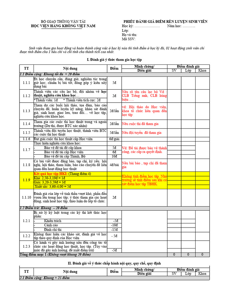 Mau 1 Huong Dan Bieu Mau Danh Gia DRL Moi 20240709021753 e | PDF